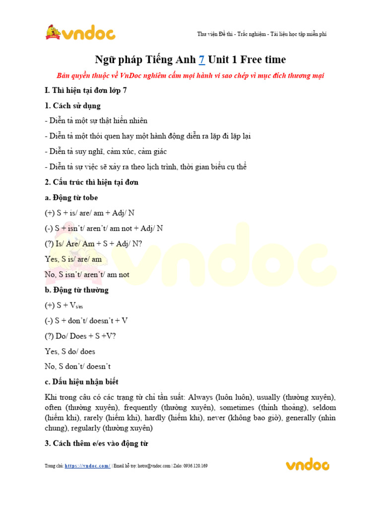 Ngu Phap Tieng Anh 7 Unit 1 Free Time | PDF