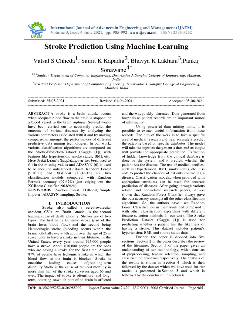 Stroke Prediction Using Machine Learning Pdf Statistical Classification Machine Learning