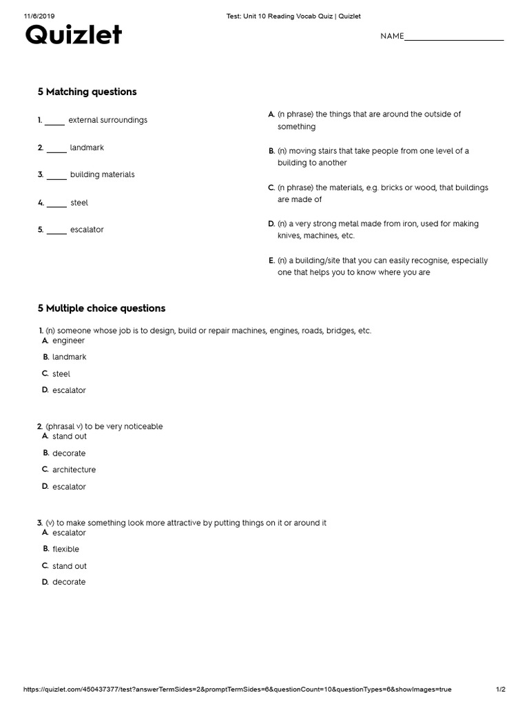 Unit 10 Reading Vocab Quiz | PDF