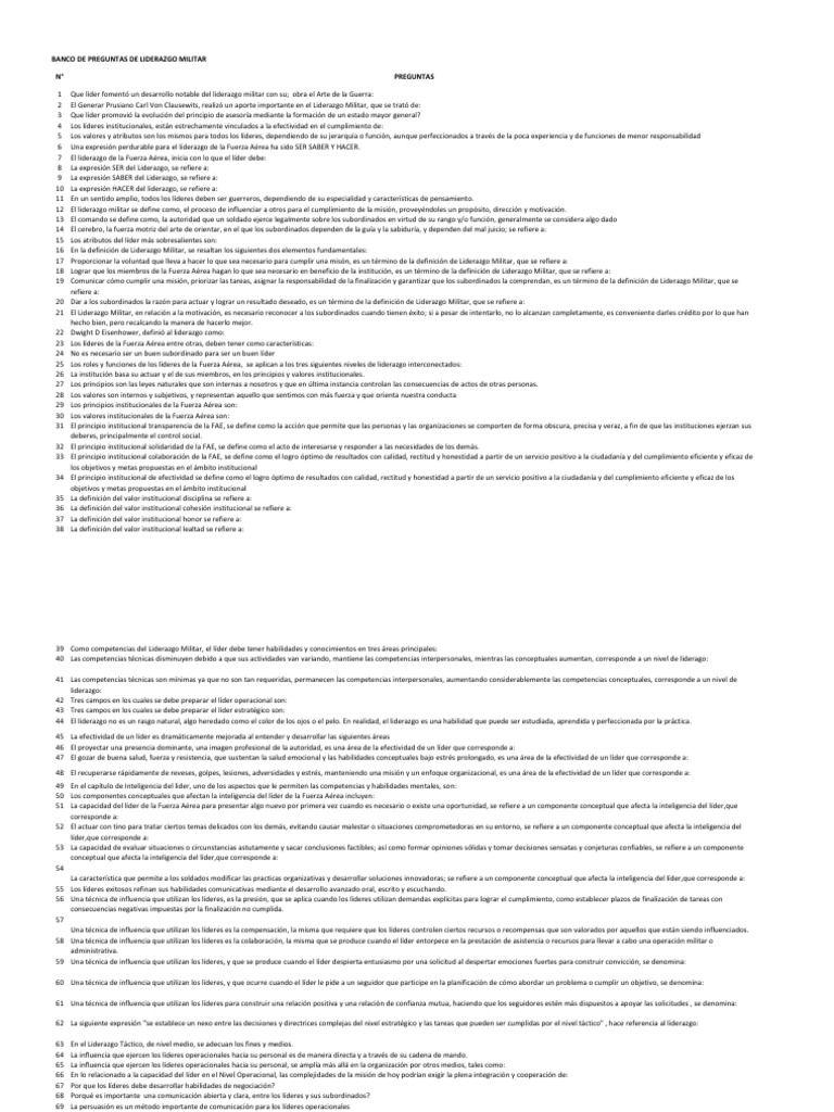 BANCO PREGUNTAS LIDERAZGO MILITAR | PDF | Liderazgo | Ciencia militar BANCO PREGUNTAS LIDERAZGO MILITAR | PDF | Liderazgo | Ciencia militar