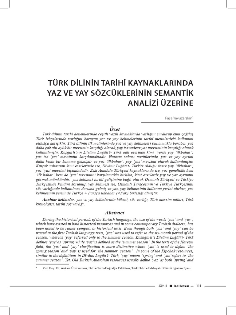 Paşa Yavuzarslan, TÜRK DİLİNİN TARİHÎ KAYNAKLARINDA YAZ VE YAY SÖZCÜKLERİNİN SEMANTİK ANALİZİ ...