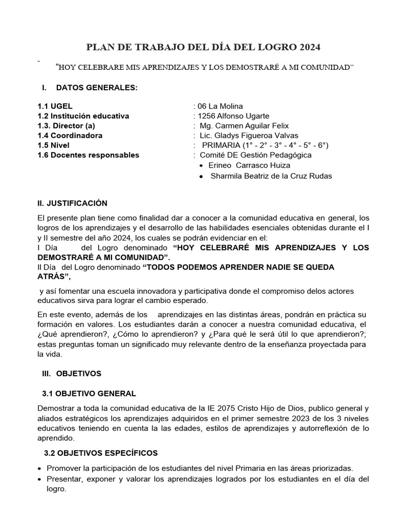Plan Del Dia Del Logro 2024 | PDF | Maestros | Enseñando