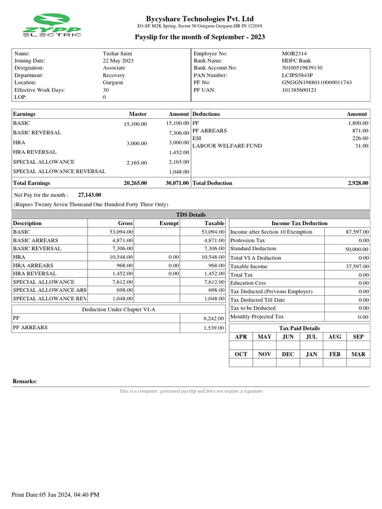 Tushar Saini (MOB2314) - Sep23payslip | PDF | Tax Deduction | Taxes Tushar Saini (MOB2314) - Sep23payslip | PDF | Tax Deduction | Taxes