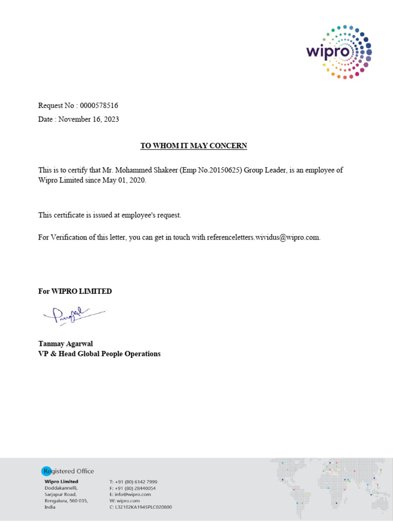 Wipro Reference letter - | PDF