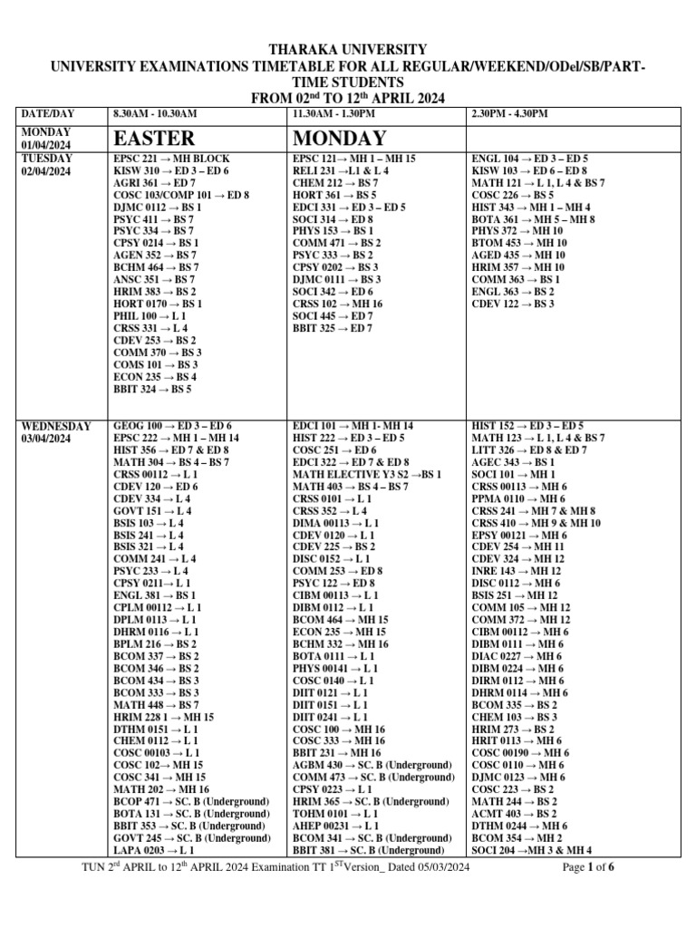 Tharaka Univ Exam Schedule | PDF