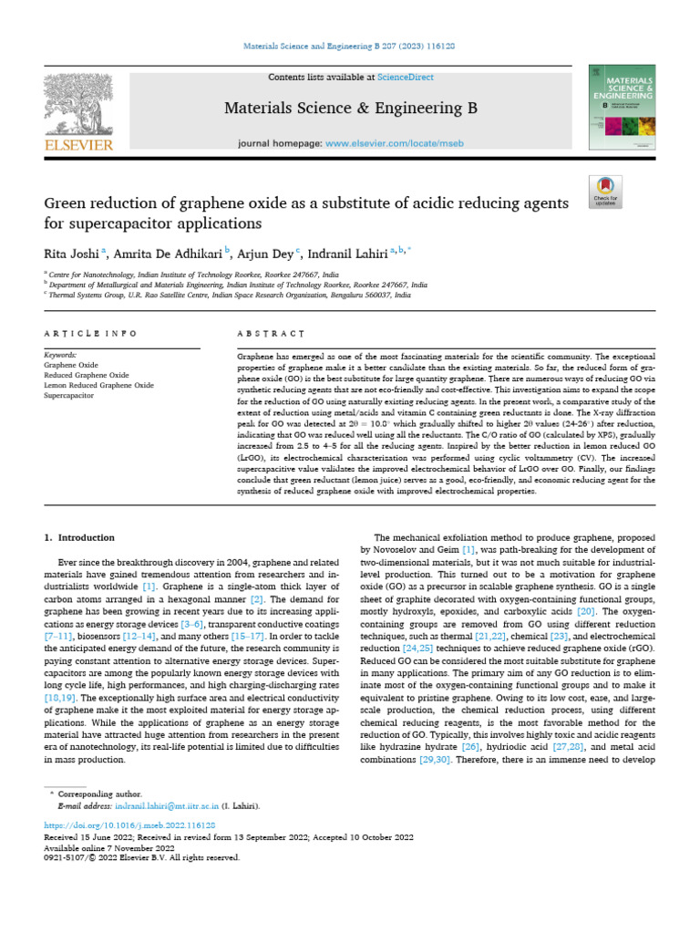 Green Reduction of Graphene Oxide As A Substitute of Acidic Reducing Agents For Supercapacitor ...