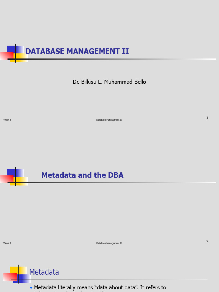 Wk8 - Meta Data & The DBA | PDF | Databases | Metadata