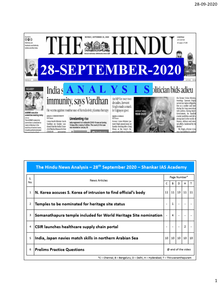 28-09-2020 - The Hindu Handwritten Notes | PDF | South Korea | World ...