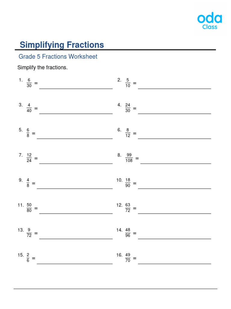 Grade 5 Simplifying Fractions Worksheet | PDF