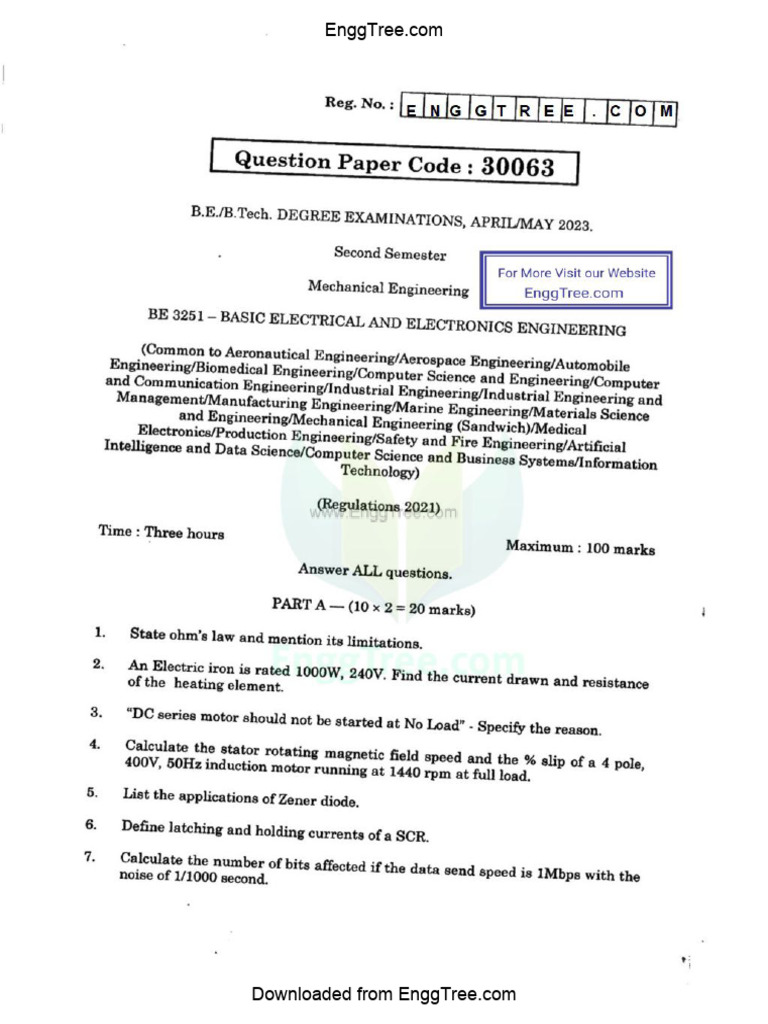 BE3251 Basic Electrical and Electronics Engineering Apr May 2023 Question Paper Download | PDF