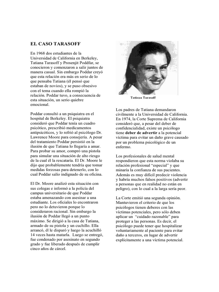 El Caso Tarasoff y la Responsabilidad Profesional | PDF | Novela negra ...