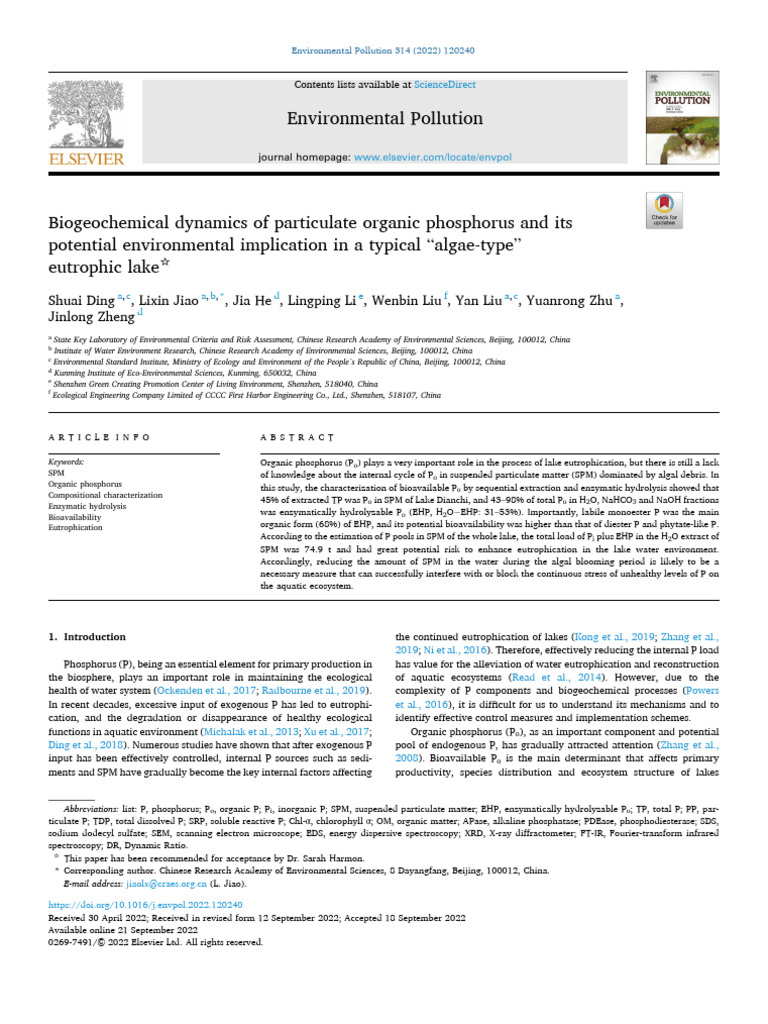 Biogeochemical Dynamics of Particulate Organic Phosphorus and Its | PDF ...