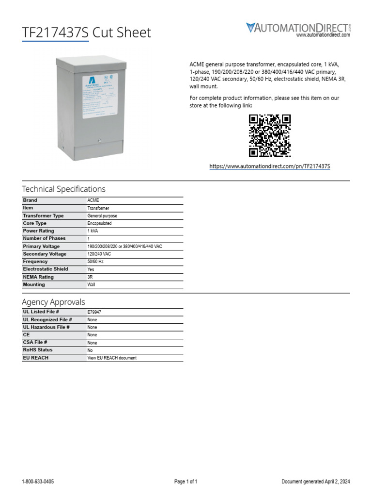 TF217437S Cutsheet | PDF