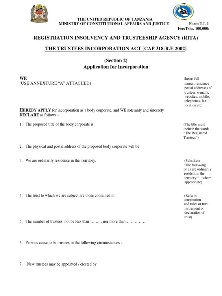 Trustees Incorporation Application Form | PDF | Trustee | Civil Law ...