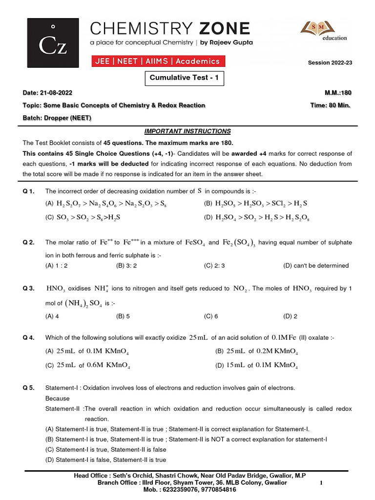 NEET Chemistry Redox Reaction Test | PDF | Redox | Gases