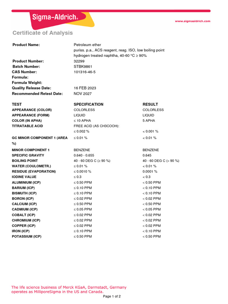 01 COA Sample - Petroleum Ether | PDF | Chemical Process Engineering | Chemistry