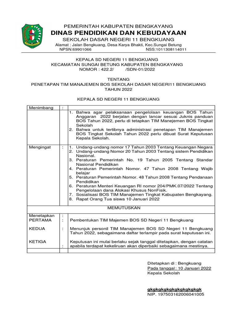 Surat Keputusan Tim Manajemen Bos Dan Komite Sekolah | PDF
