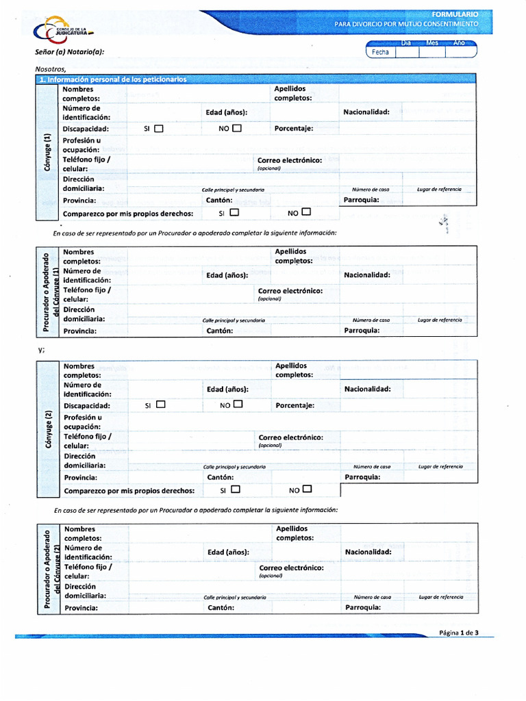 Formulario de Divorcio Mutuo Consentimiento en Notaria 2024 | PDF
