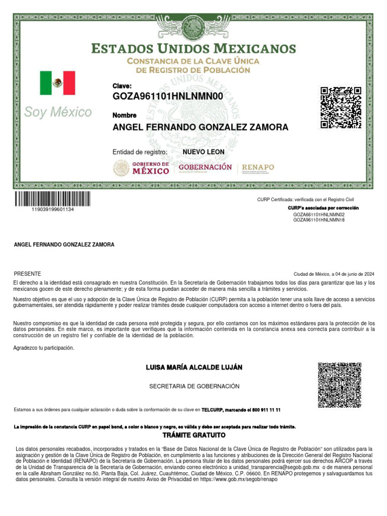 Ejemplo de CURP Actualizado | PDF