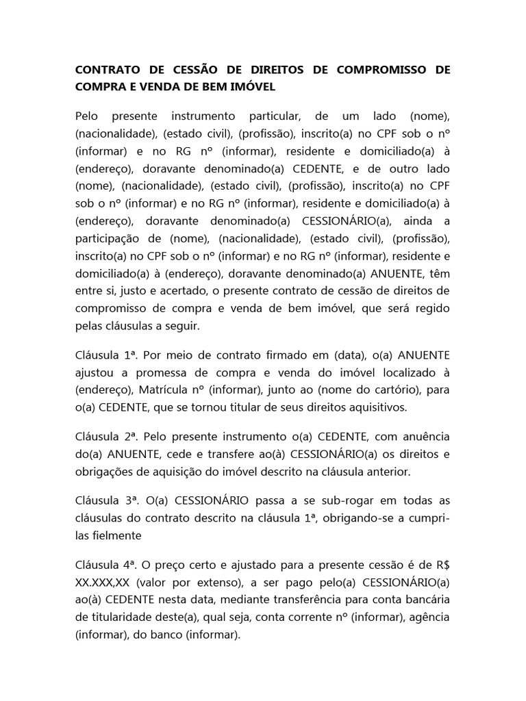 Contrato De Cessao De Direitos De Compromisso De Compra E Venda De Bem