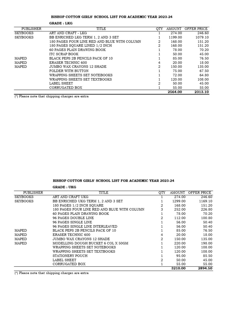 BCGS Book Price List For LKG 2023-2024 | PDF | Textbook | Science