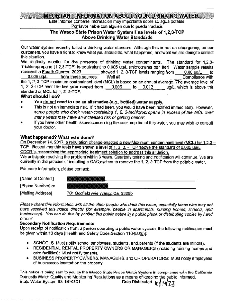 Wasco State Prison Drinking Water Notice | PDF