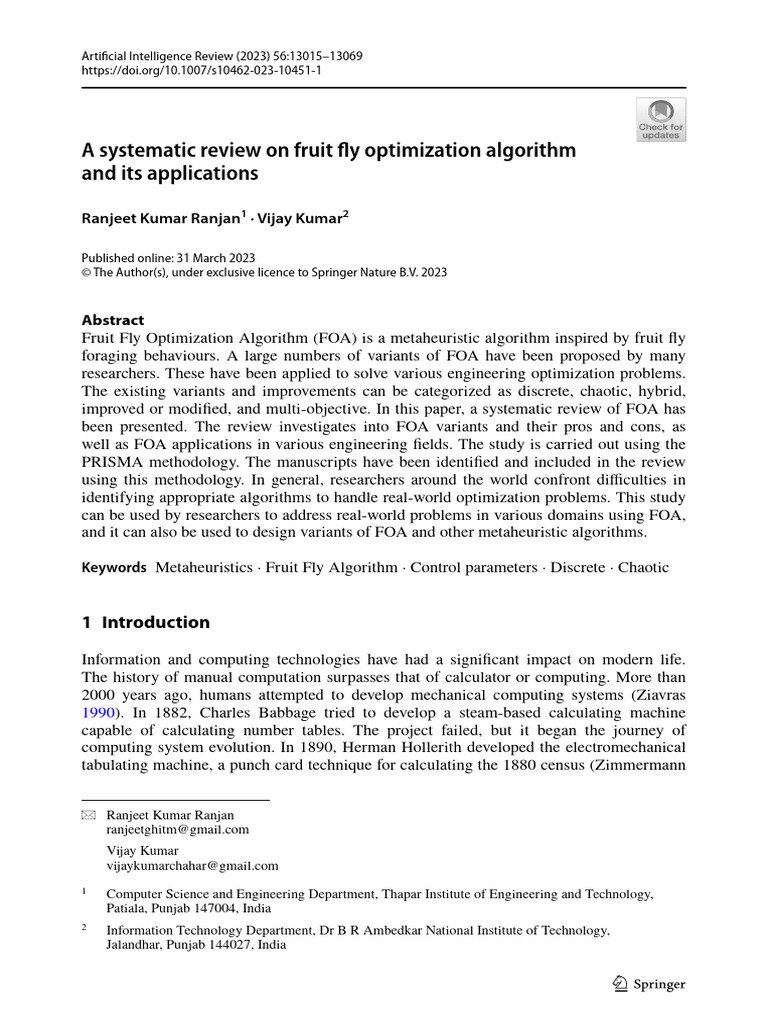 A Systematic Review On Fruit Fly Optimization Algorithm And Its Applications Pdf