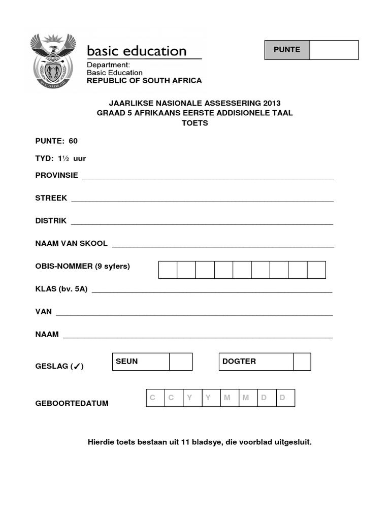 Grade 5 Afrikaans FAL 2013 Test | PDF