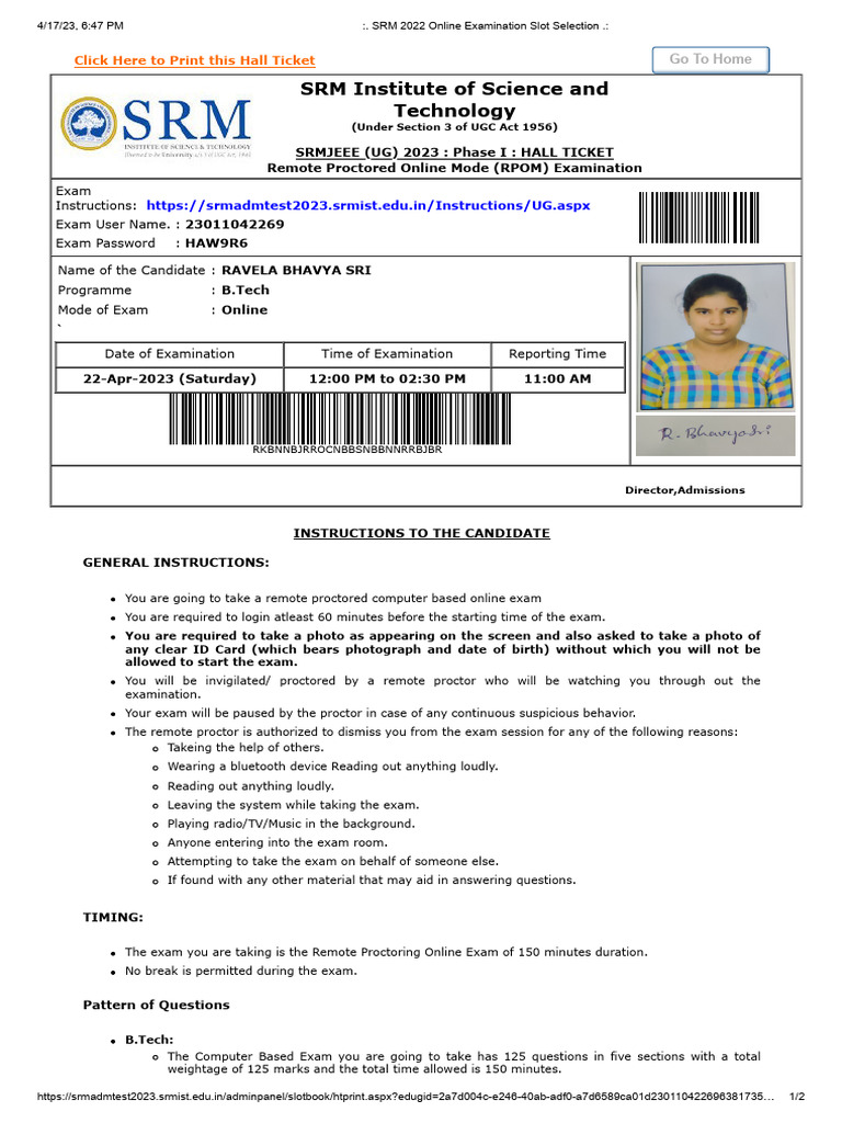 _. SRM 2022 Online Examination Slot Selection ._ Hall Ticket | PDF | Computing