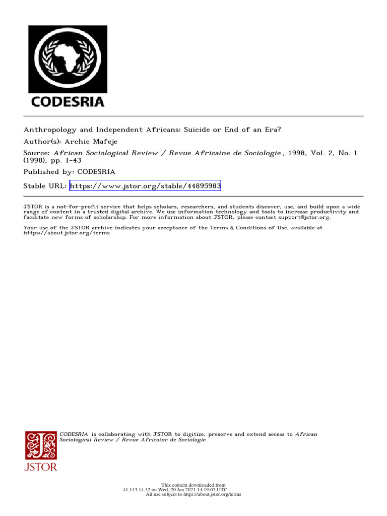 Mafeje, A. 1998. Anthropology and Independent Africans - Suicide or End ...