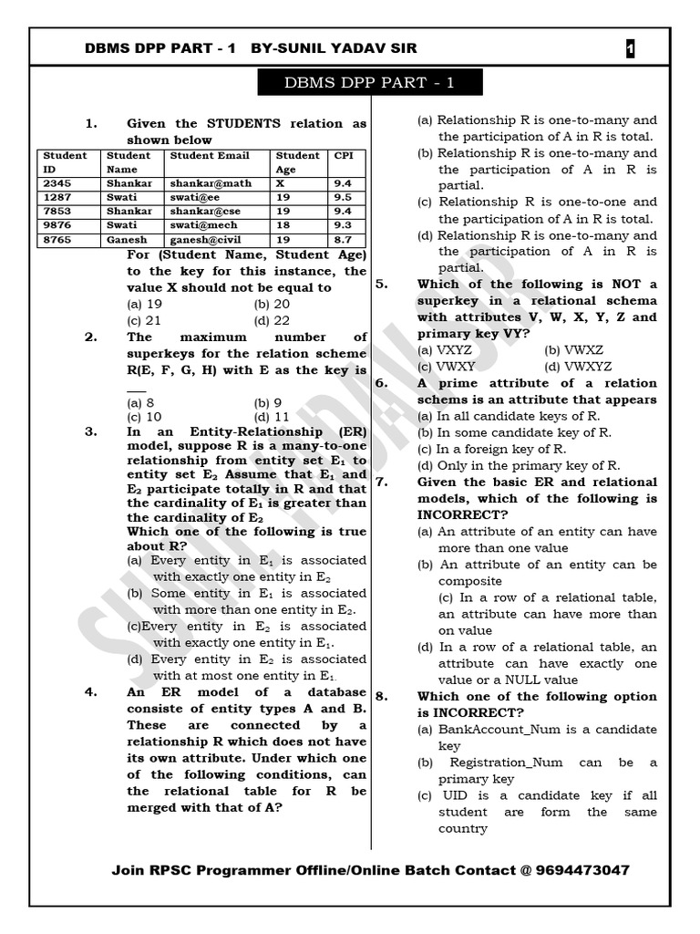 001) DBMS DPP - 1 | PDF | Relational Model | Databases