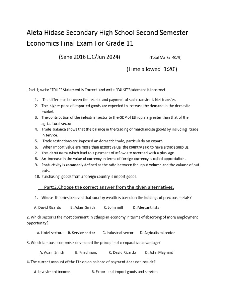 Aleta Hidase Secondary High School Second Semester Economics Final Exam ...