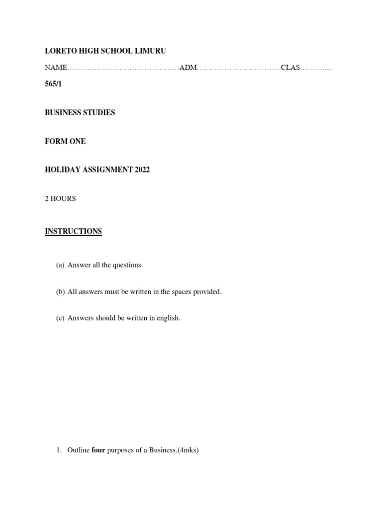 NAME ADM .CLAS ..... : Loreto High School Limuru | PDF ...