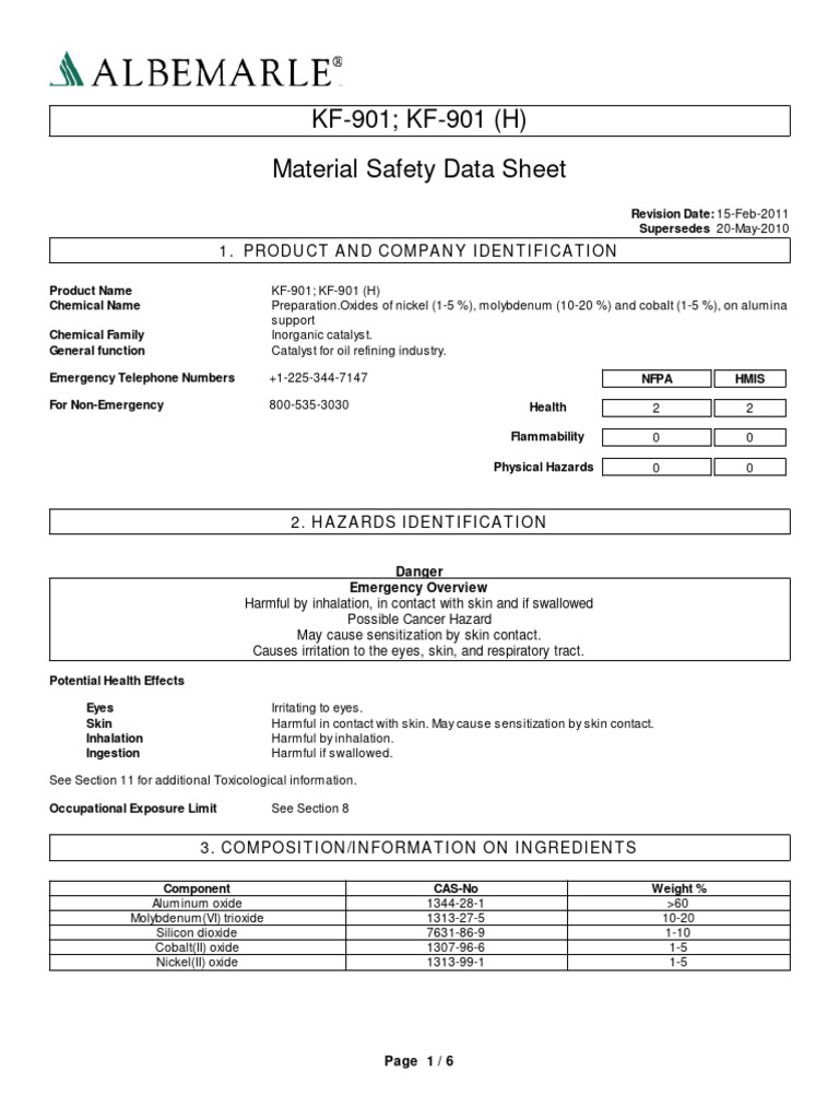 KF 901 Msds 0411 | PDF | Dangerous Goods | Nickel