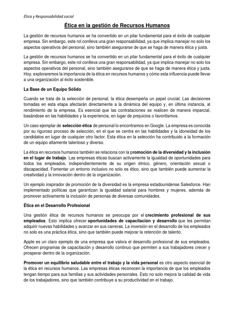 Etica en RRHH y Adm de recursos fin | Descargar gratis PDF | Gestión de recursos humanos | Business