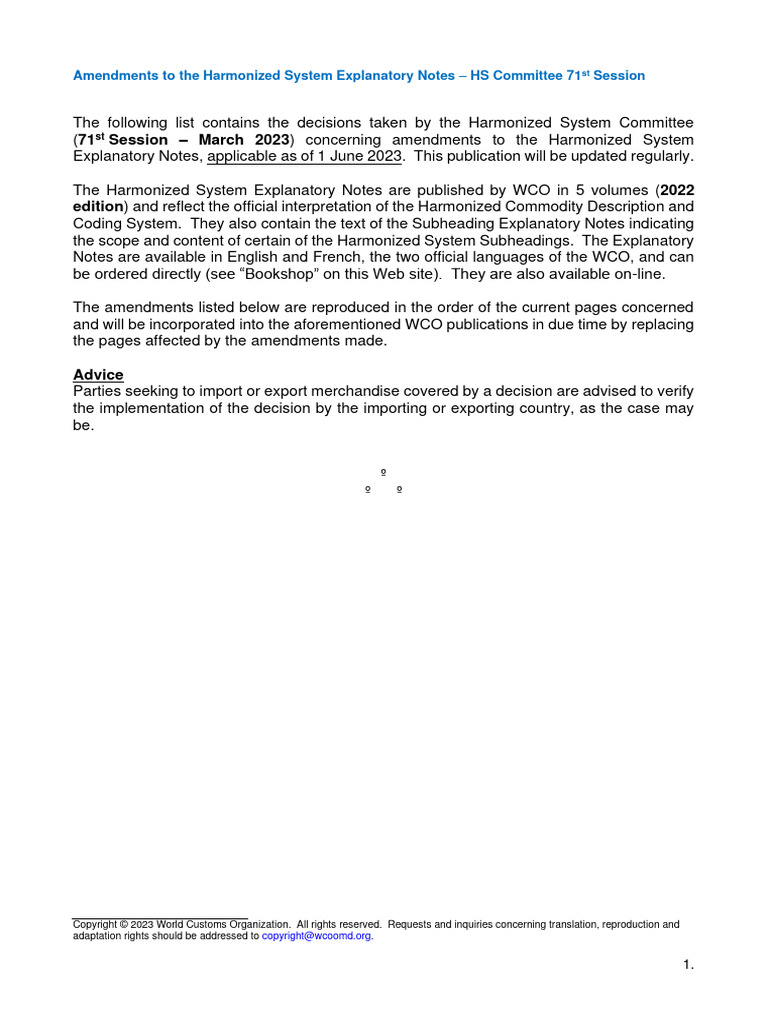Amendments To The Harmonized System Explanatory Notes - HS Committee 71 ...