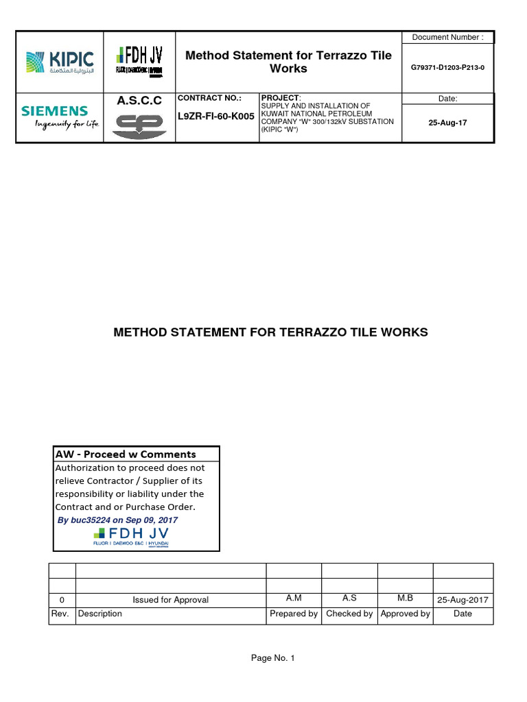 Method Statement For Terrazzo Tiles Works (Rev-00) - FDH Stamped | PDF | Tile | Personal ...