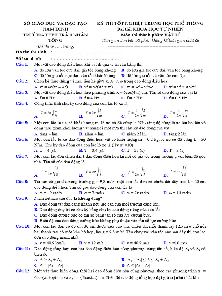 De Thi Thu Vat Ly 2023 Tran Nhan Tong Nam Dinh | PDF