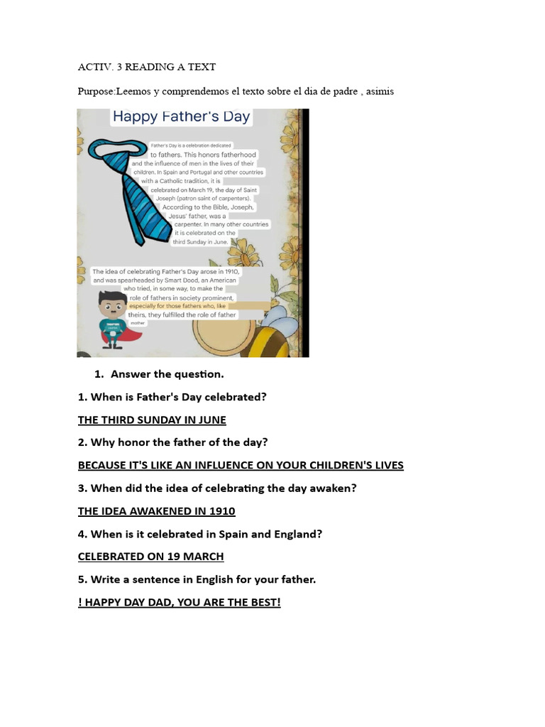 Father's Day Reading Comprehension Guide | PDF