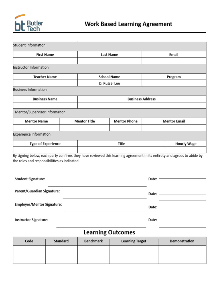 Work-Based Learning Agreement Template | PDF | Mentorship | Teachers