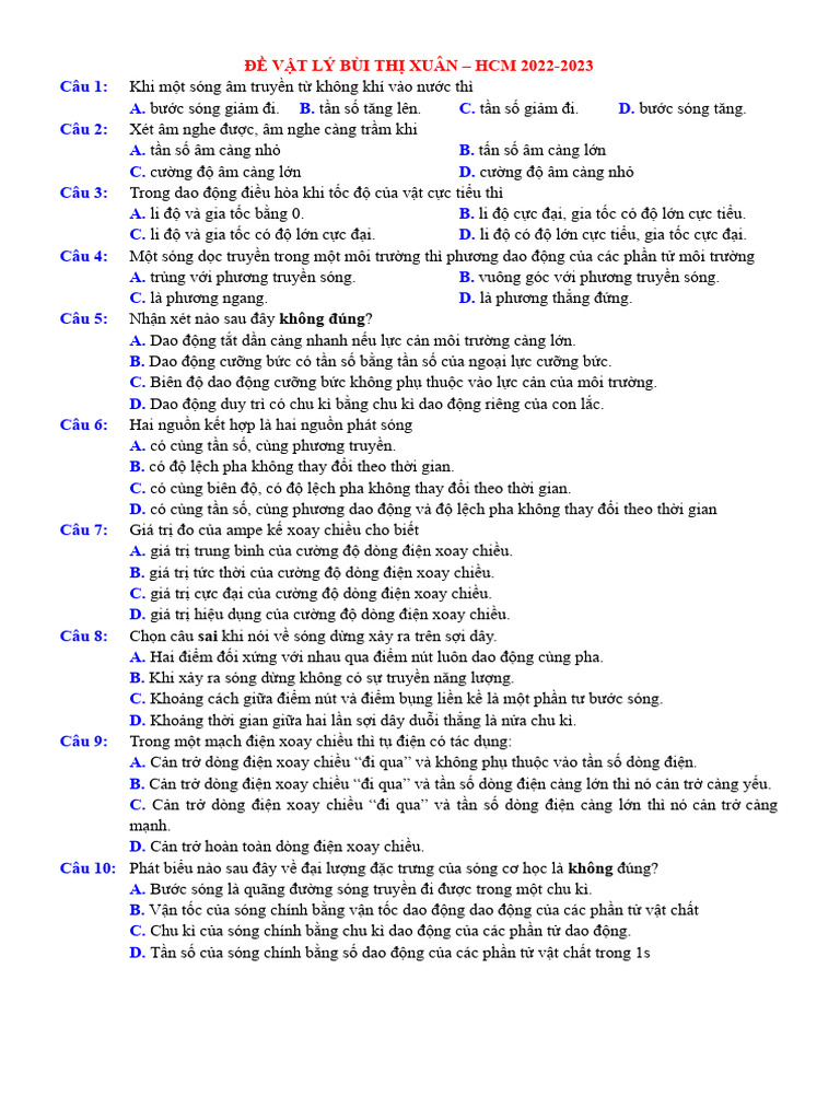 De Thi Thu Ly 2023 THPT Bui Thi Xuan TP HCM | PDF