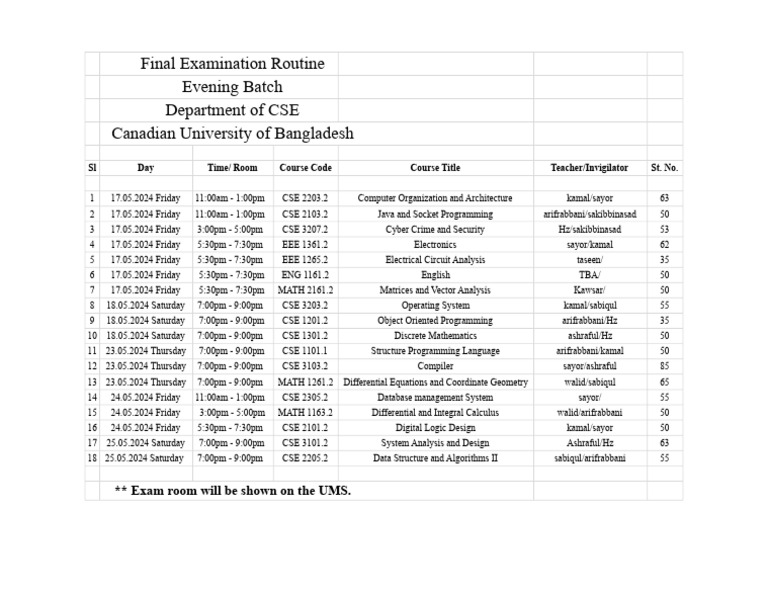 Evening Batch - Final Examination Routine - Spring 2024 | PDF | Mathematics | Mathematical Analysis