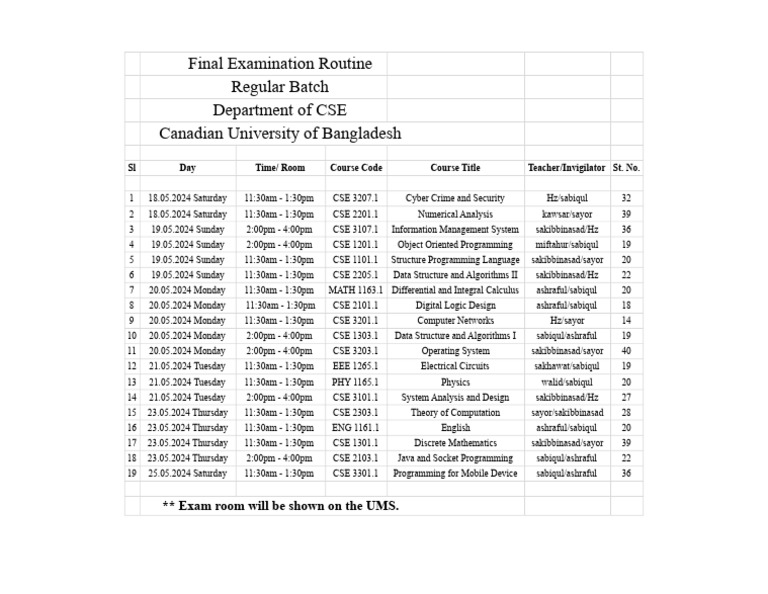 Regular Batch - Final Examination Routine - Spring 2024 | PDF | Mathematics | Mathematical Analysis
