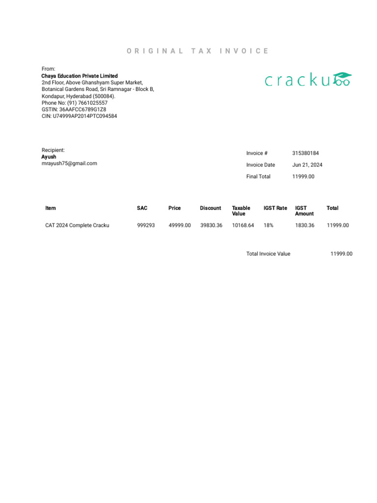 Tax Invoice for CAT 2024 Course | PDF
