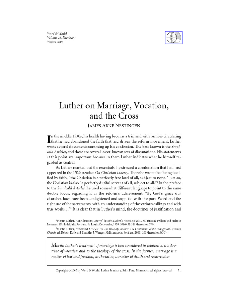 Luther On Marriage, Vocation, and The Cross | PDF | Martin Luther ...