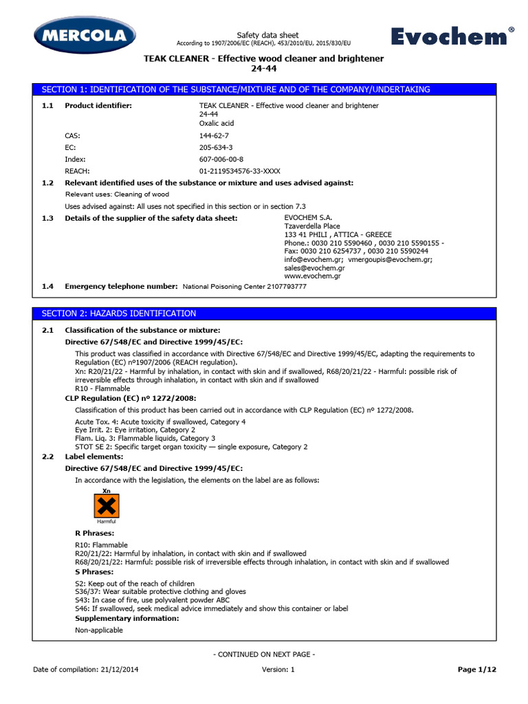 Teak Cleaner Safety Data Sheet | PDF | Occupational Safety And Health ...
