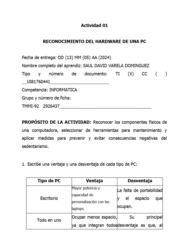 Actividad de Reconocimiento Del Hardware de Una PC | PDF | Ciencias de ... Actividad de Reconocimiento Del Hardware de Una PC | PDF | Ciencias de ...