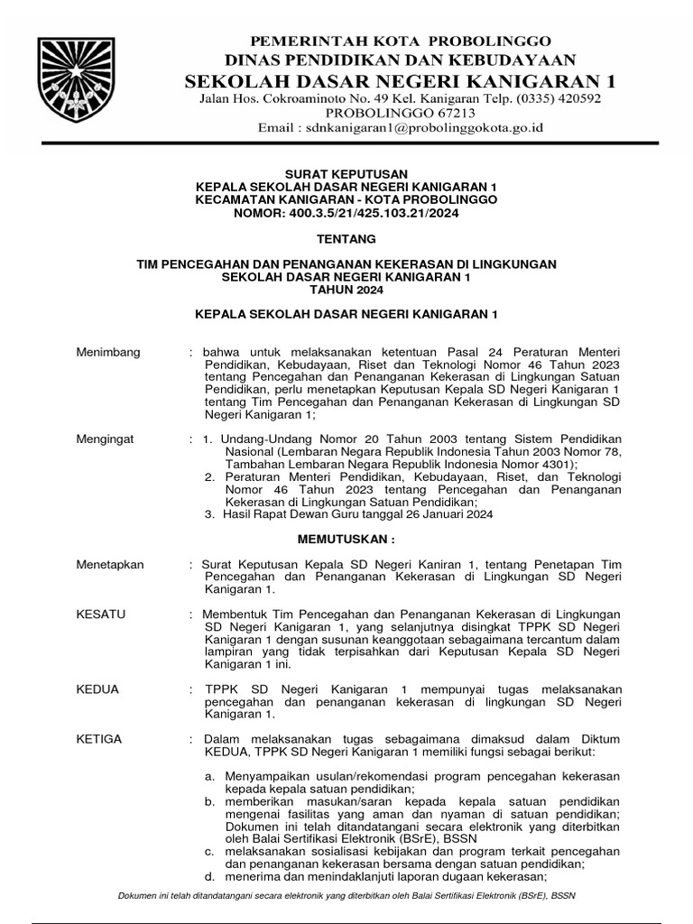SK Tim Pencegahan Dan Penanganan Kekerasan (TPPK) 2024 | PDF