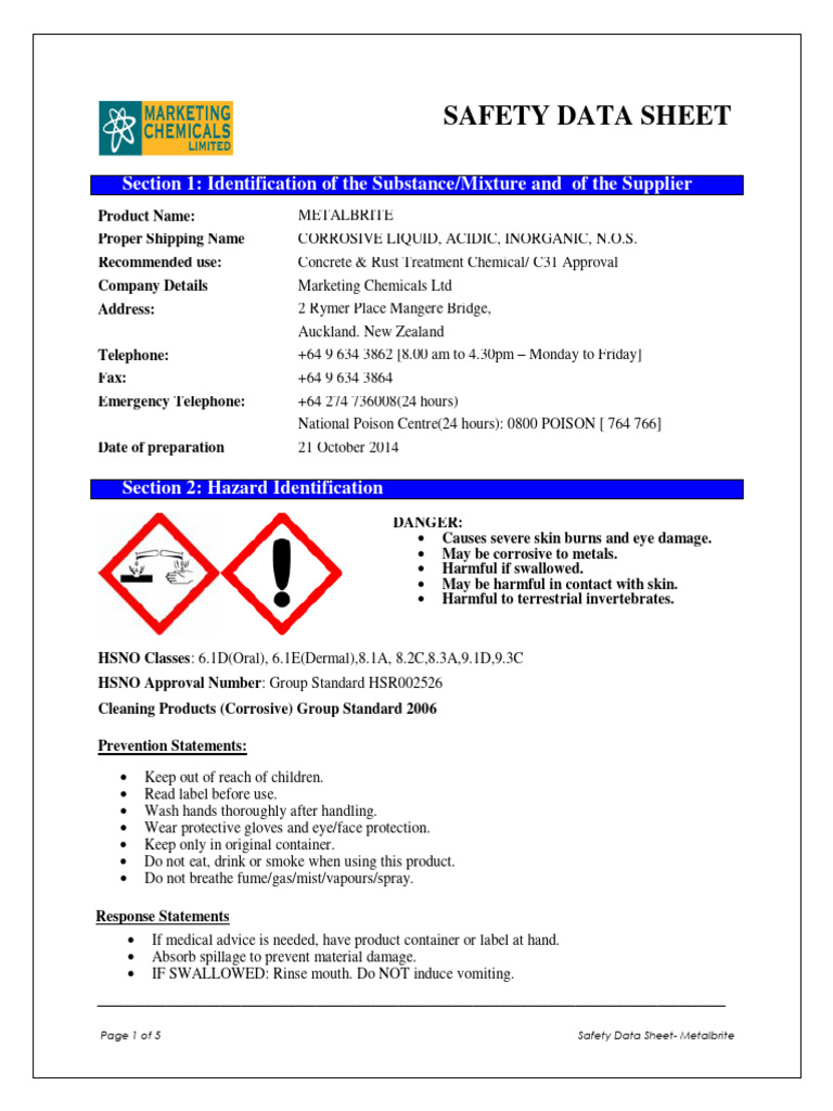 Metalbrite MSDS | PDF | Poison | Chemistry