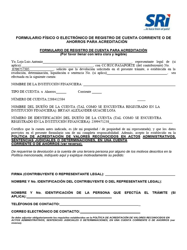 FORMULARIO PARA REGISTRO DE CUENTA BANCARIA | Descargar gratis PDF ...